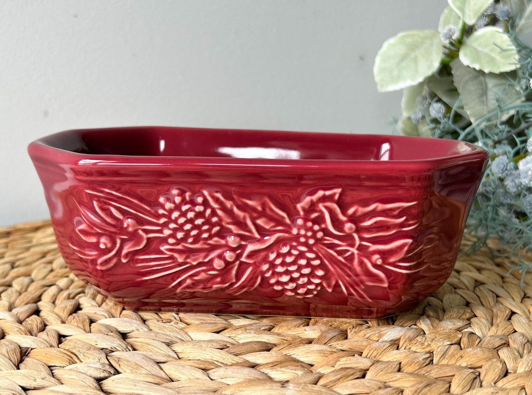 Longaberger Pottery Loaf Dish Paprika Red Pine Cone Small Loaf Pan ...