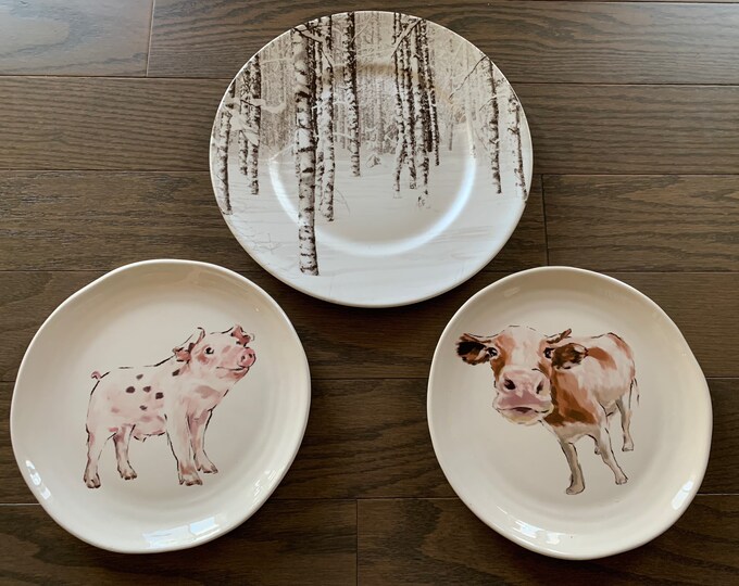 Pier 1 Plates Farmhouse Animals Pig Cow Birch Trees Snow Forest Dinner ...