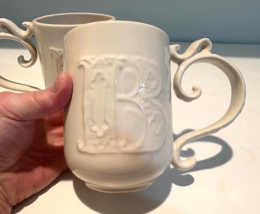 Pottery Barn Monogram Mug: White Stoneware Scrolled Handle, 'B' Initial ...