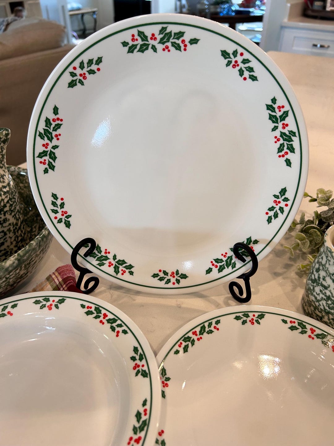 Corelle Christmas winter Holly Dinner Plate & Pasta Bowl Corning Ware ...