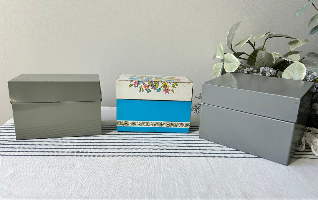 Vintage Index Card Boxes 1970s Blue Floral Metal Bryan Ohio Art & Gray ...