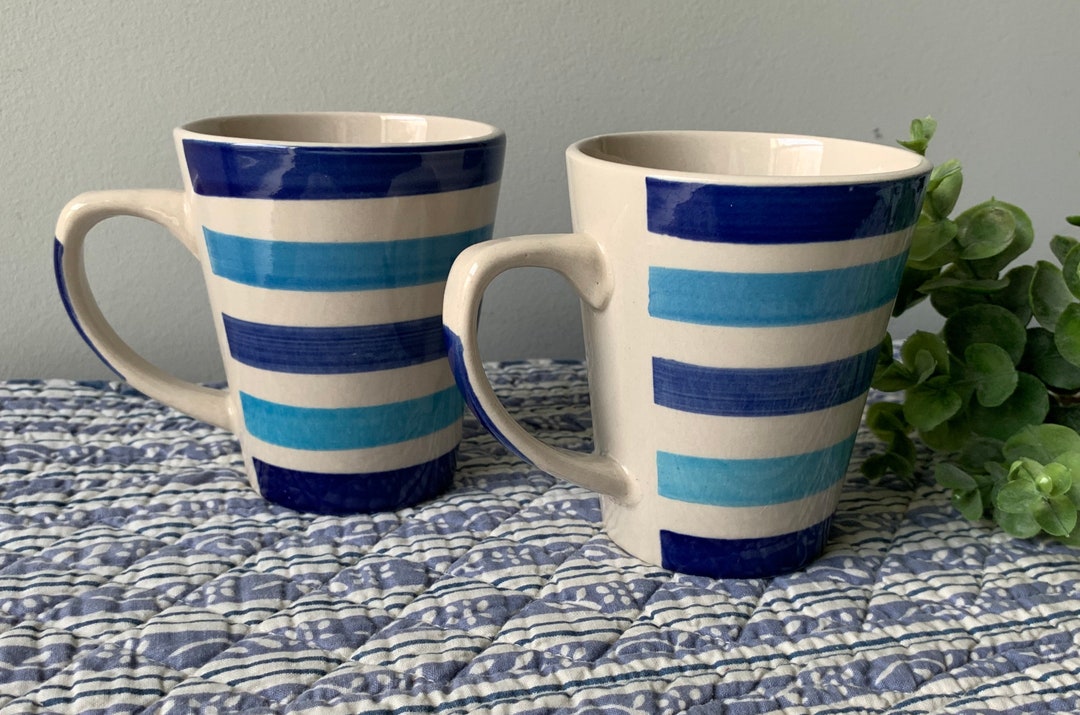 Striped Pottery Mugs Blue Striped Mugs Coffee Cups Tea Cups - Etsy