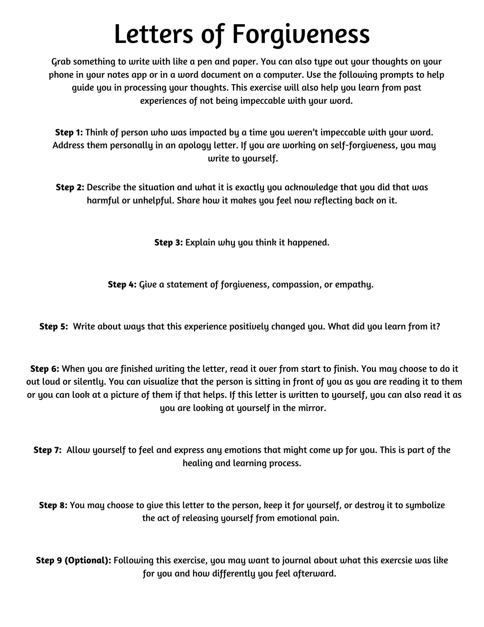 The Four Agreements Letters of Forgiveness Worksheet - Etsy