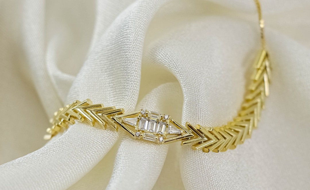 Fishbone Gold Plated Bracelet With a Zircon Stone - Etsy
