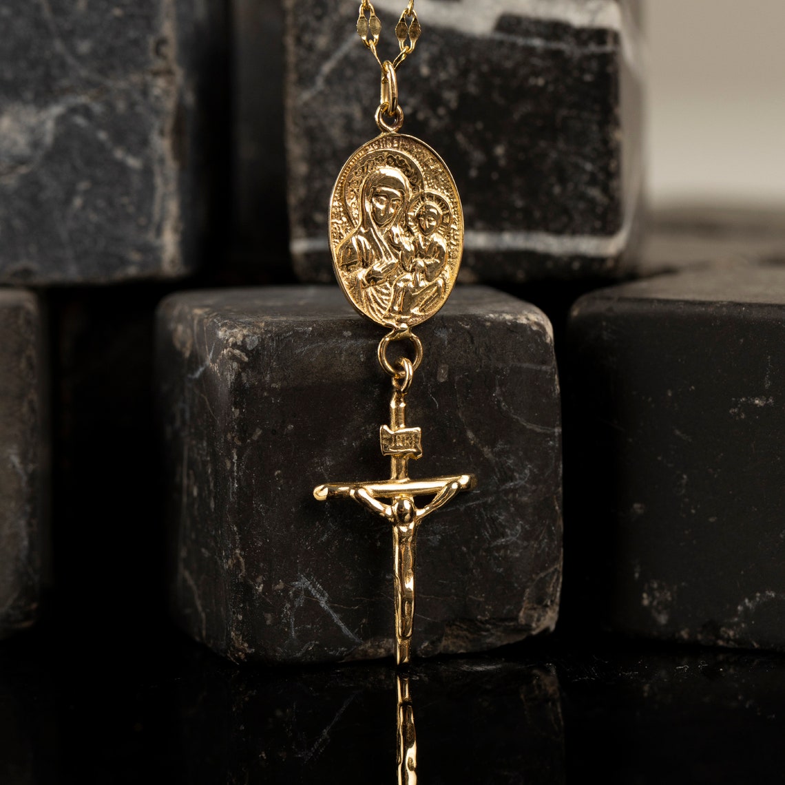 Virgin Mary Cross Necklace | 14K Solid Gold Religious Baptism Necklace ...