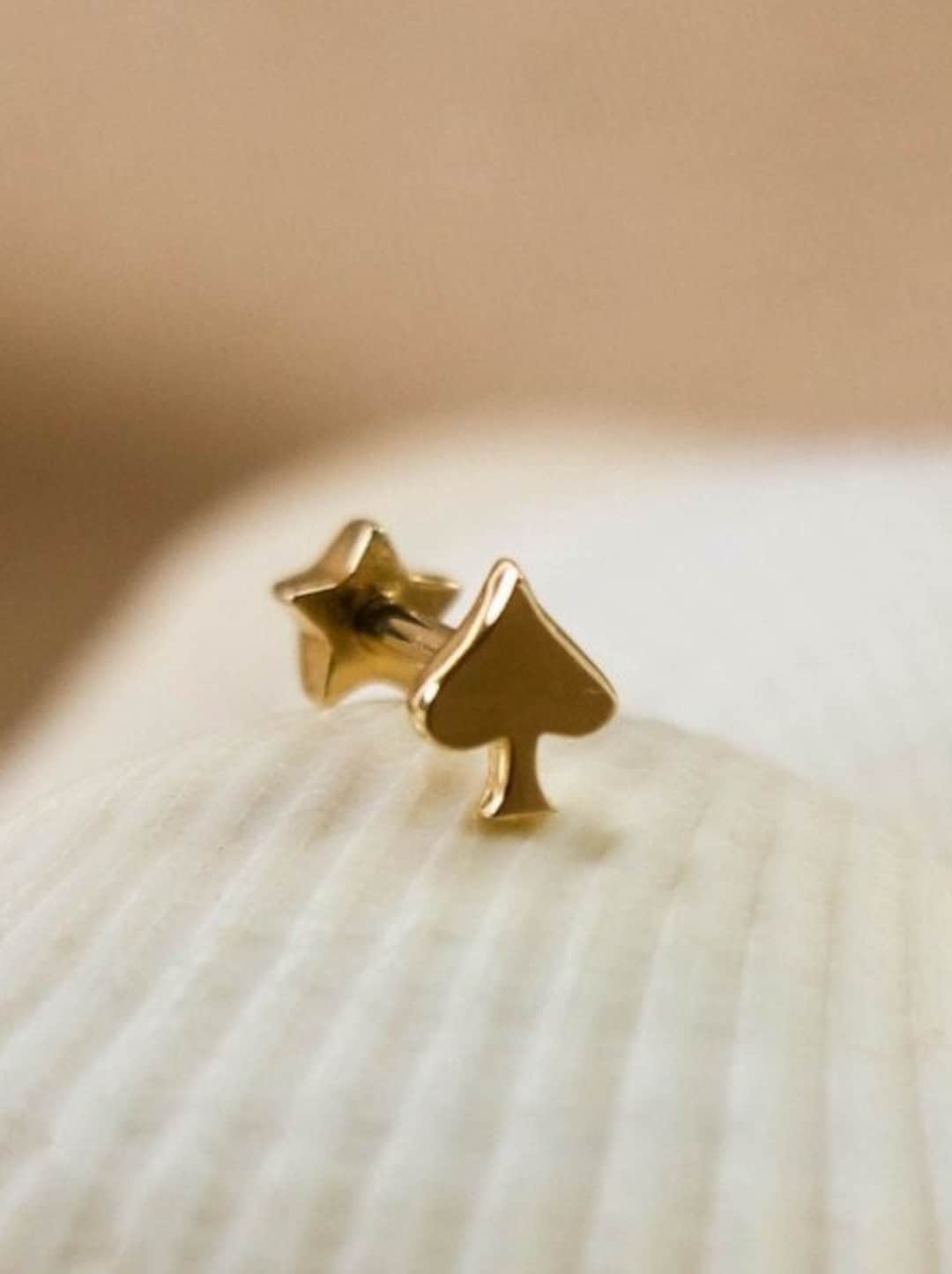 14K Gold Tiny Spade Piercing, Simple Spade Gold Earrings, Stud ...