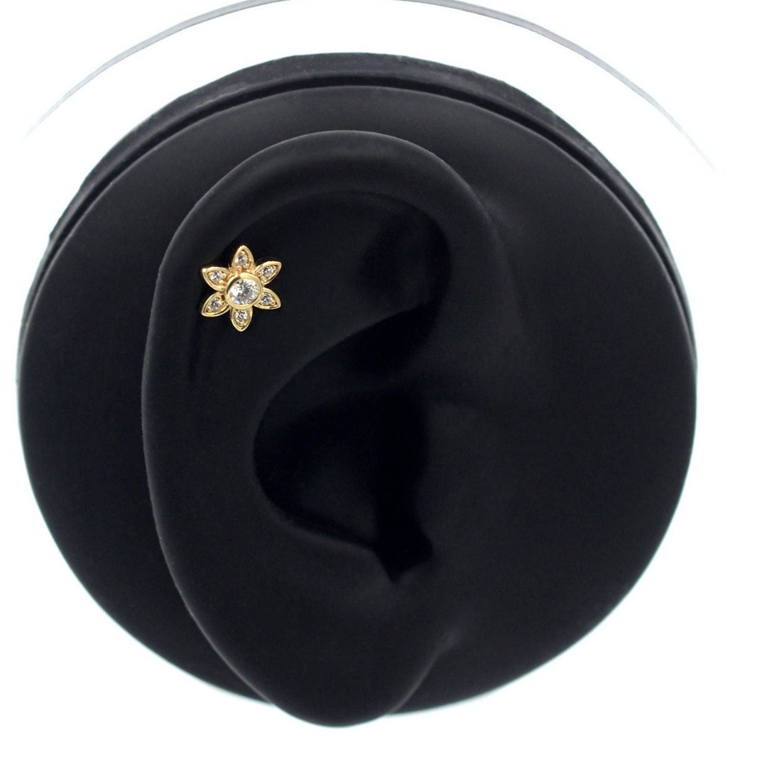 14K Solid Gold Flower Stud Stone Helix Piercing, Screw Back Ear Stud ...
