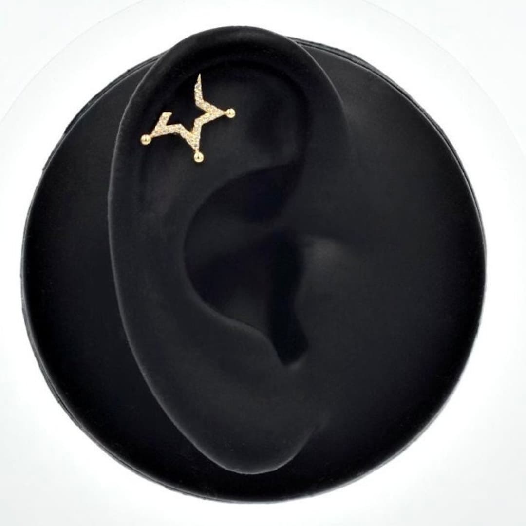 14K Gold Half Star Helix Piercing, Multi Stone Gold Cartilage Piercing ...