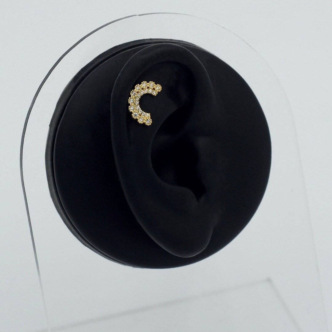 14K Gold Double Row Stone Half Moon Helix Piercing, Zircon Stones Gold ...