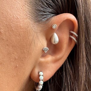 14k Solid Gold Elegant Pearl Drop Piercing, Helix Piercing, Handcrafted ...