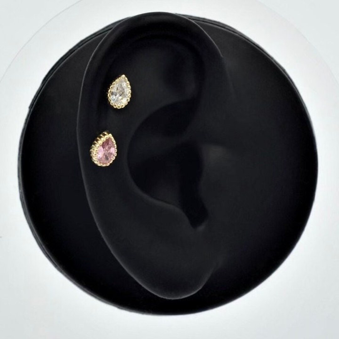 14K Gold Water Drop Stone Cartilage Piercing, Minimalist Gold Helix ...