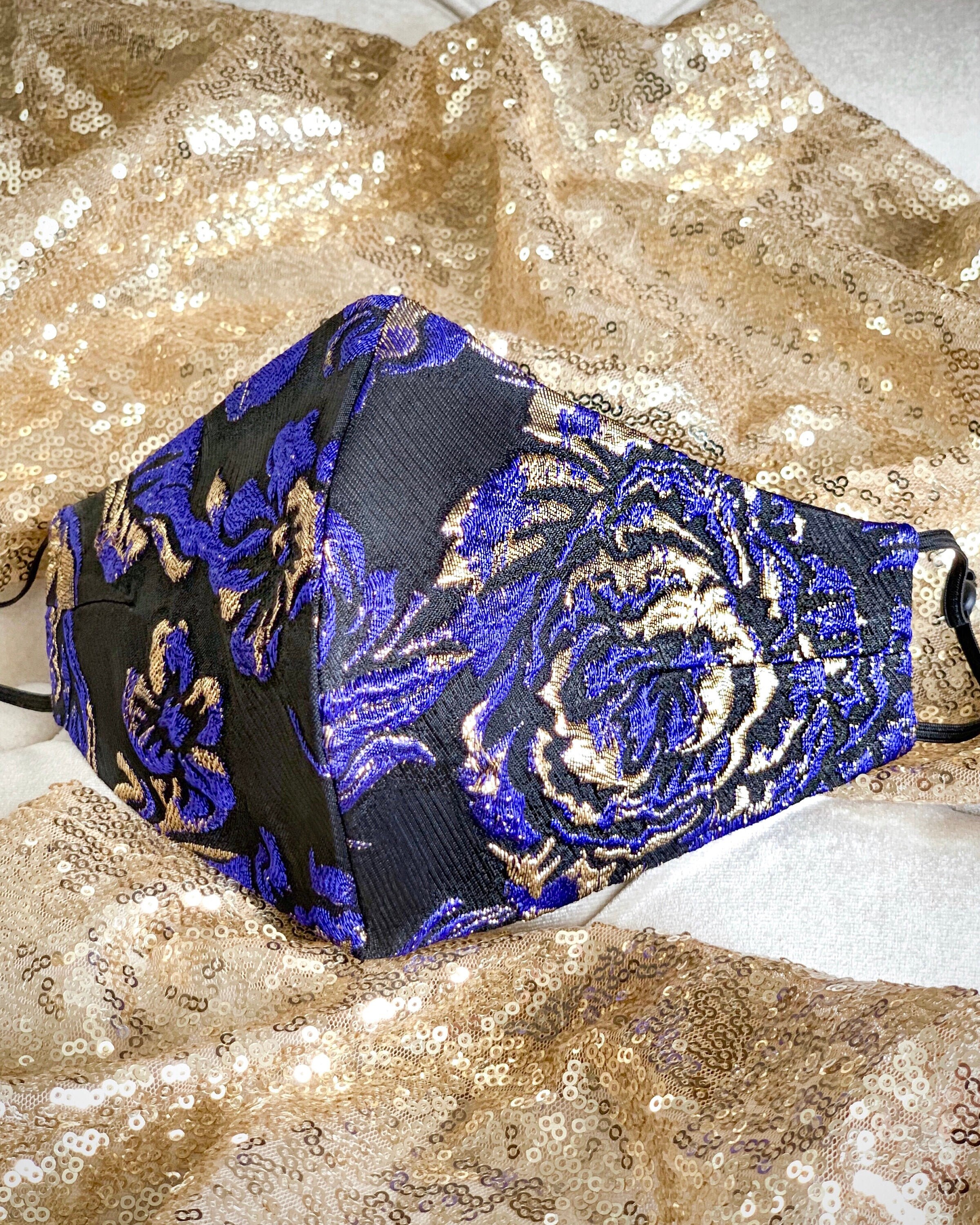 Royal Blue Brocade Mask, Brocade, Burnt Floral, Metallic, Jacquard ...