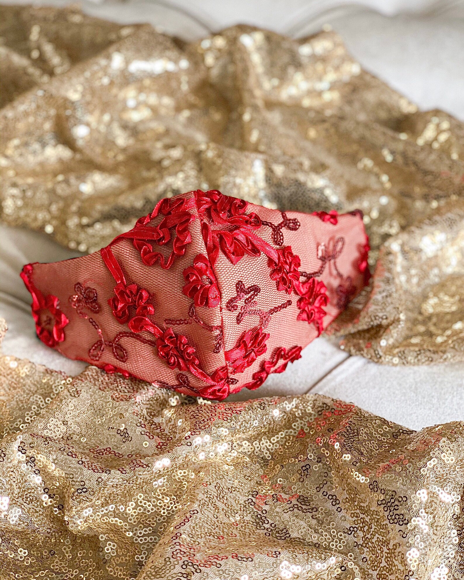 Red Satin Ribbon Mask Ribbon Mask Sequin Gorgeous Unique - Etsy