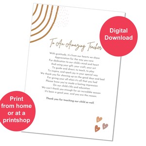 Boho Teacher Appreciation Poem Art: Printable Thank You Gift (digital ...