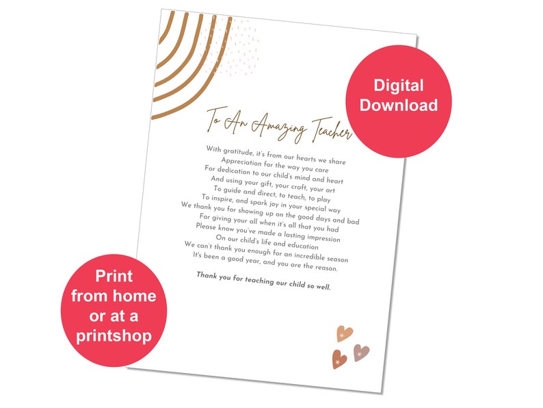 Boho Teacher Appreciation Poem Art: Printable Thank You Gift (digital ...