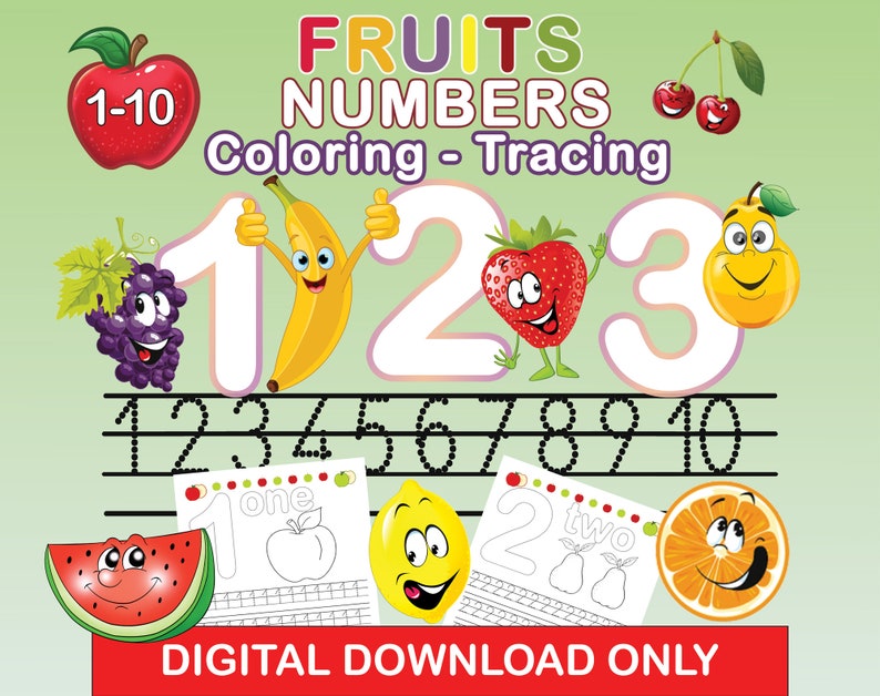Fruits Numbers Printable Coloring & Tracing Pages / Numbers 1-10 ...