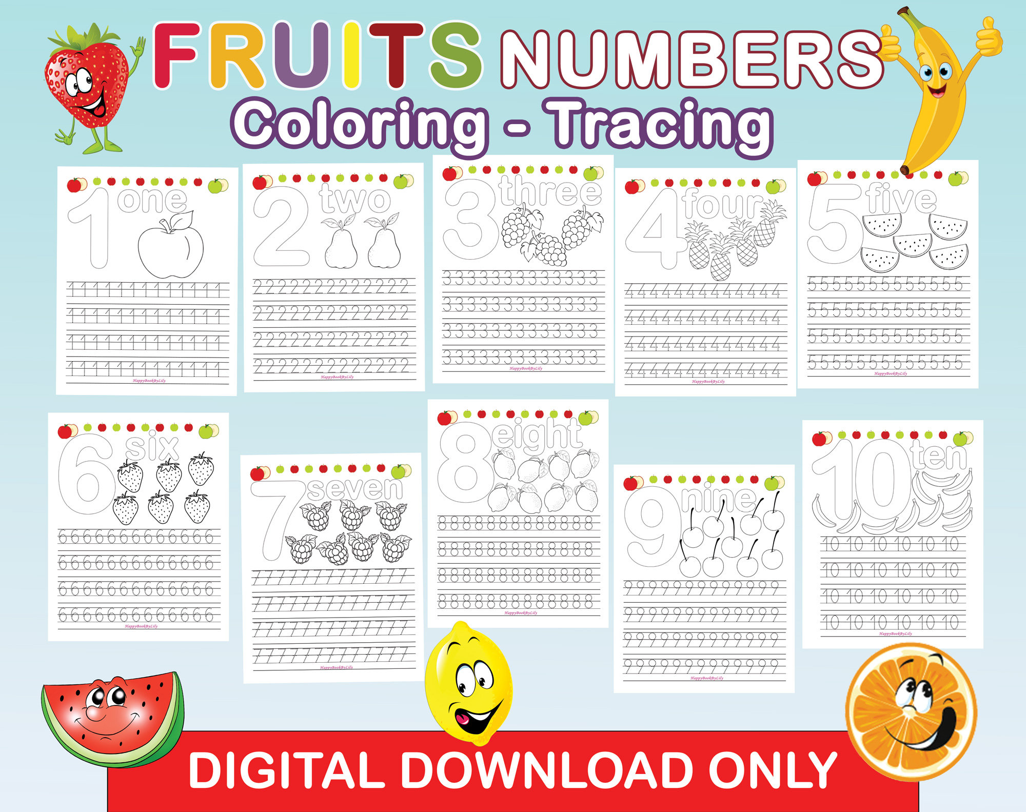 Fruits Numbers Coloring & Tracing Pages: Kids Learning (PDF) - Etsy