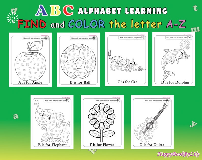 ABC Alphabet Learning Coloring Pages Printable / Find & Color | Etsy