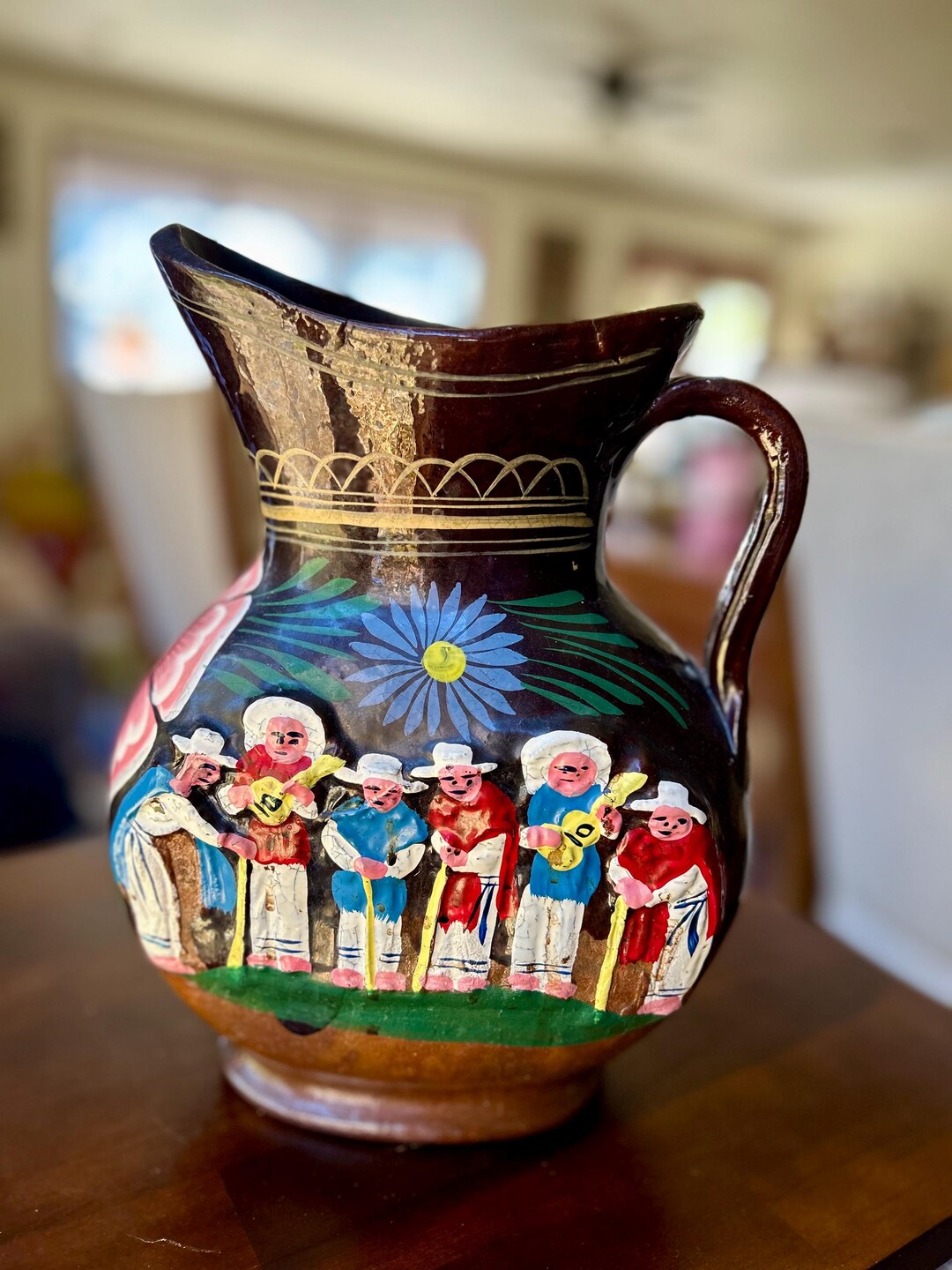 Vintage Mexican Folk Art Pottery Pitcher La Danza De Los Viejitos ...