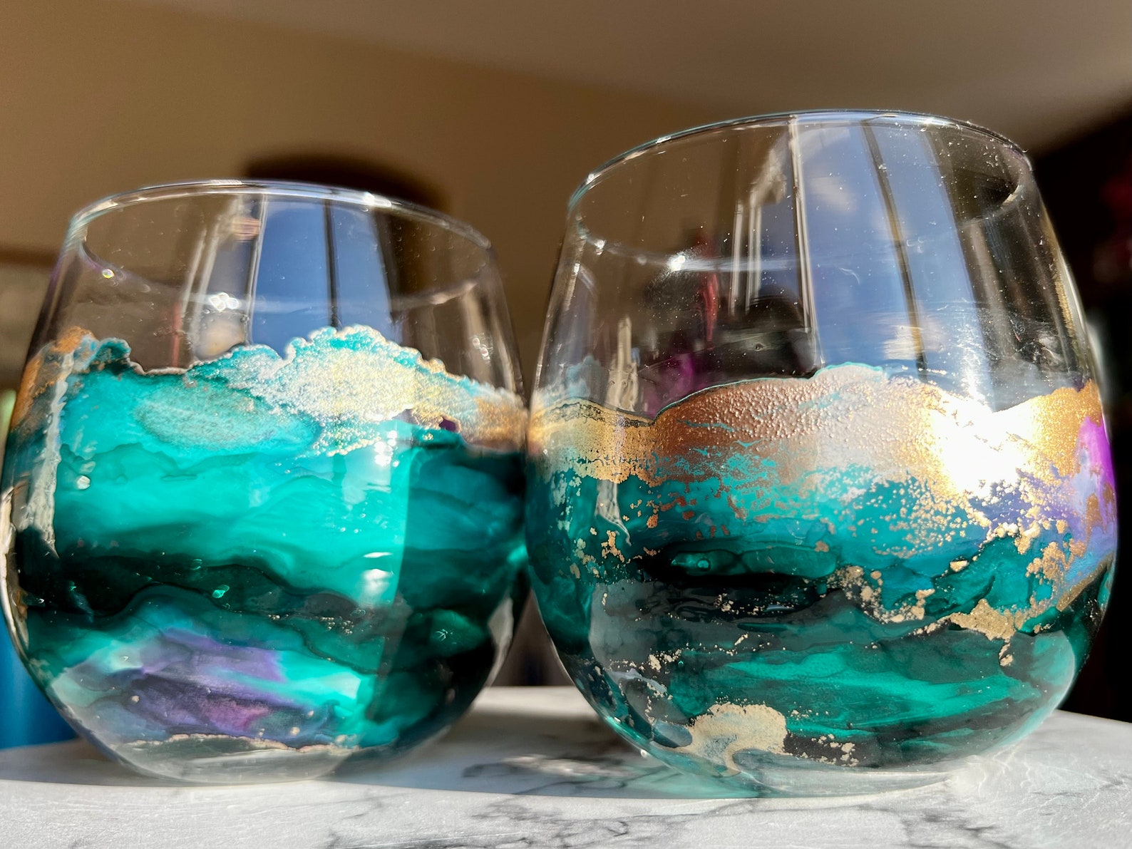 2 Rainforest Green Round Stemless Wine or G&T Glasses. 16.75-oz Hand ...