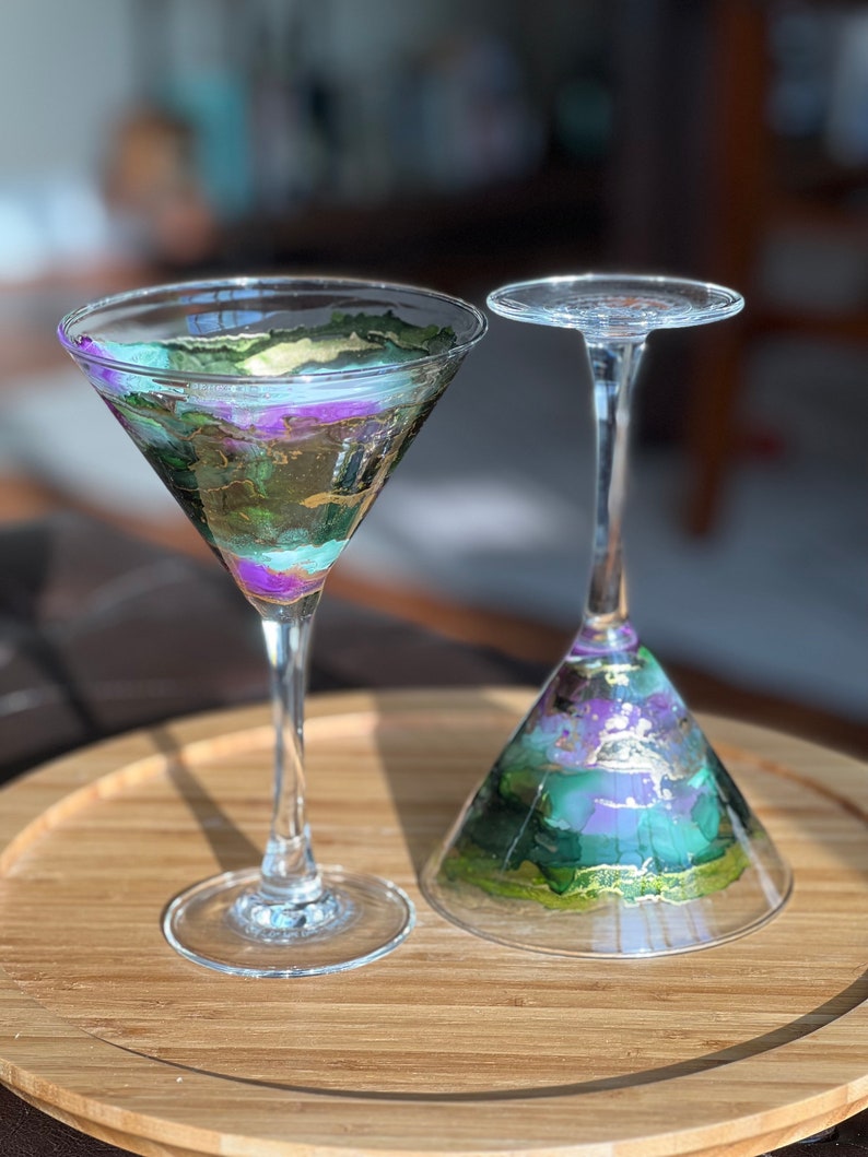 2 *NEW* Moss Green MARTINI GLASSES; Individually Hand Painted. Perfect ...