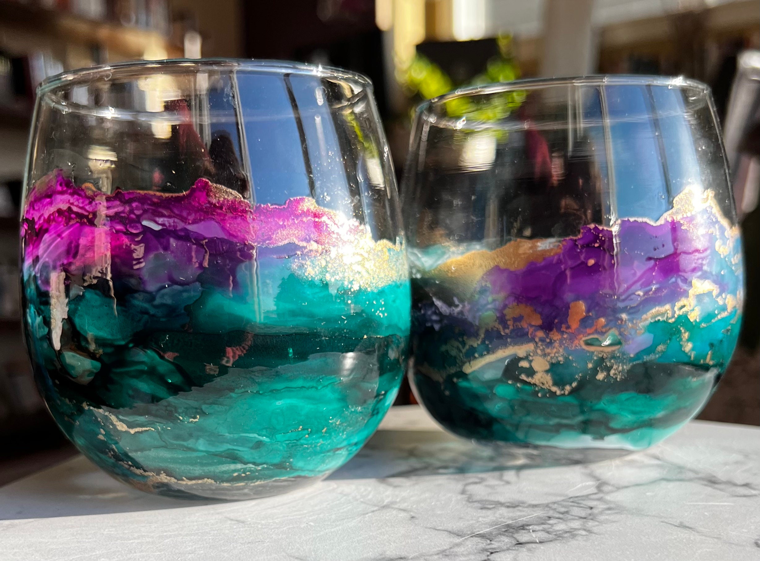 2 Rainforest Green Round Stemless Wine or G&T Glasses. 16.75-oz Hand ...
