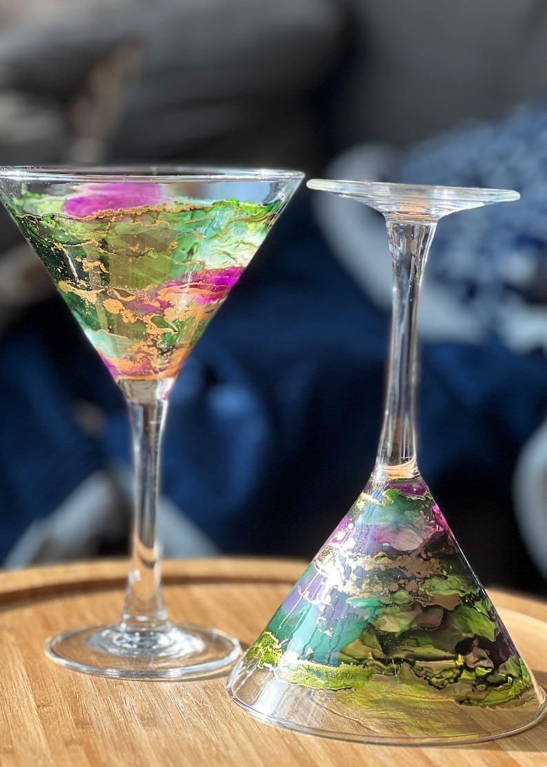2 *NEW* Moss Green MARTINI GLASSES; Individually Hand Painted. Perfect ...