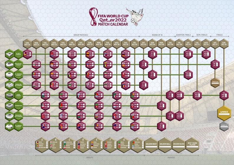 Printable FIFA Qatar 2022 World Cup Wall Chart Calendar - Etsy Canada