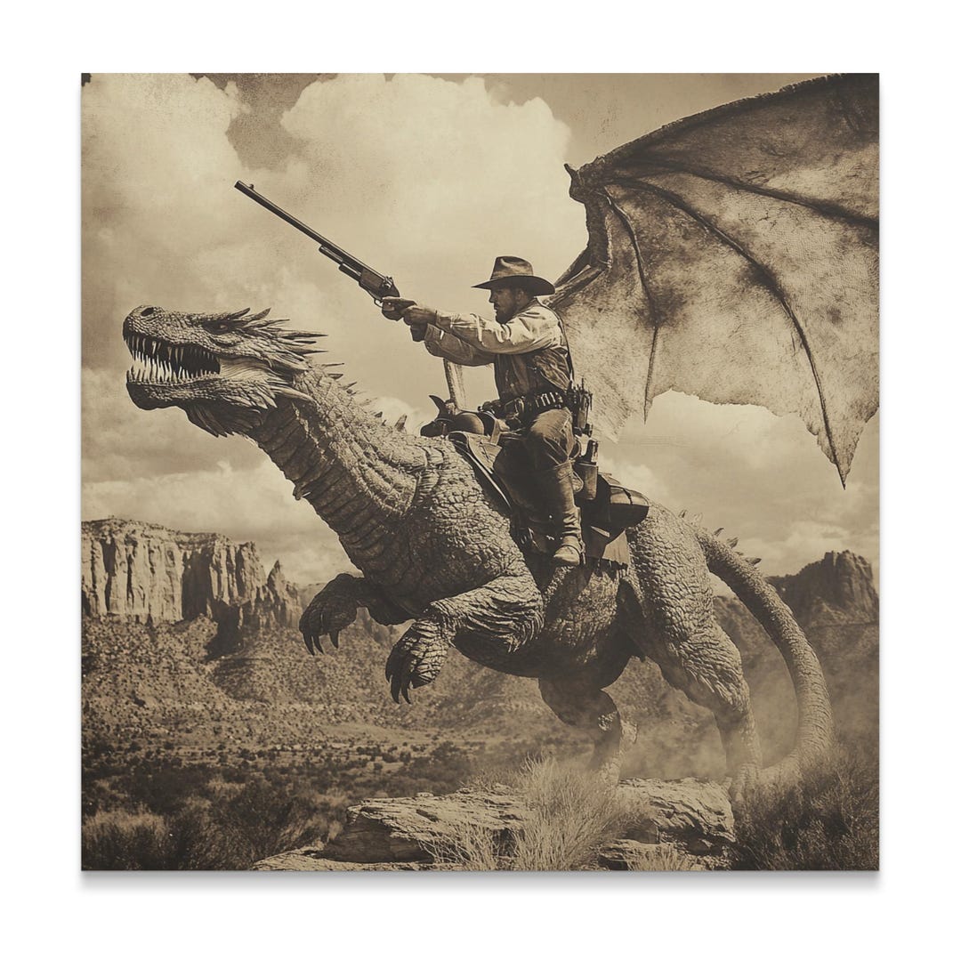 Epic Cowboy Riding Dragon Western Fantasy Art, Vintage Cowboy and ...