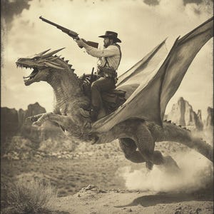 Rodeo cowboy artwork, Cowboy on Dragon, Vintage Fantasy Wall Art ...