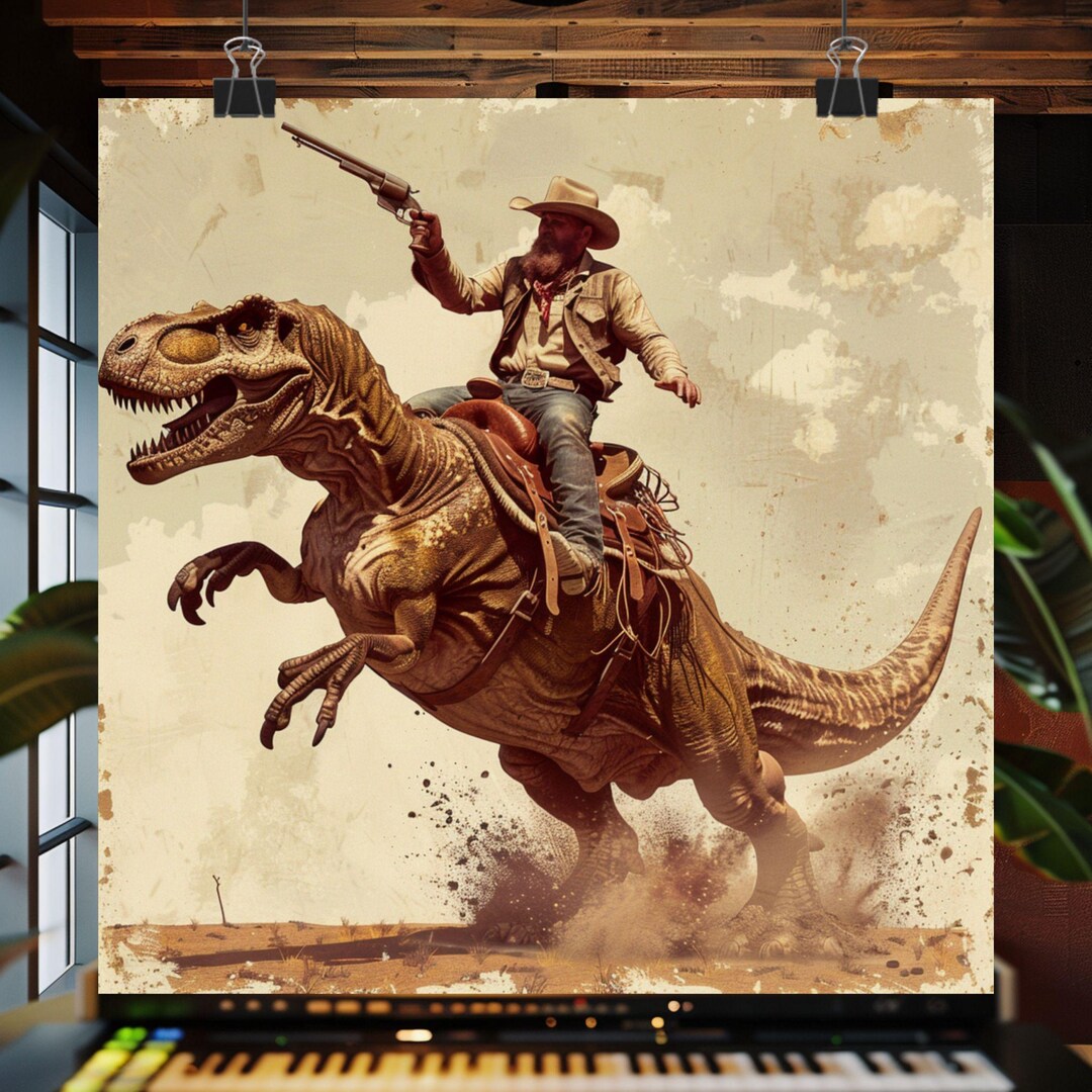 Tv Wall Art Retro Dinosaur Cowboy Art Print for Dark Academia & Gothic ...