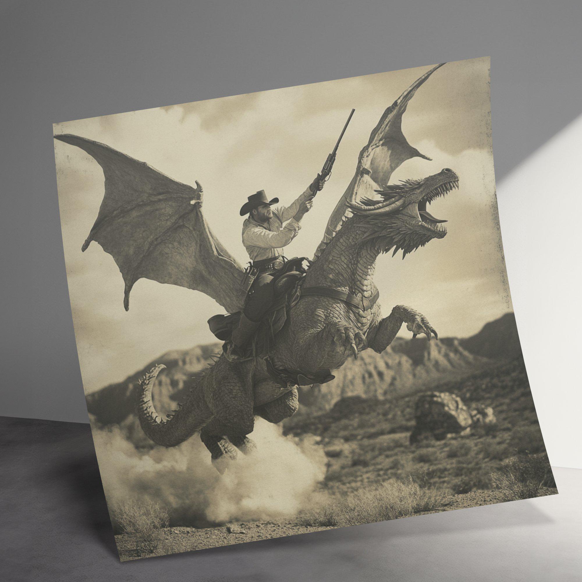 Vintage Western Cowboy Riding Dragon Wall Art Print, Steampunk Fantasy ...