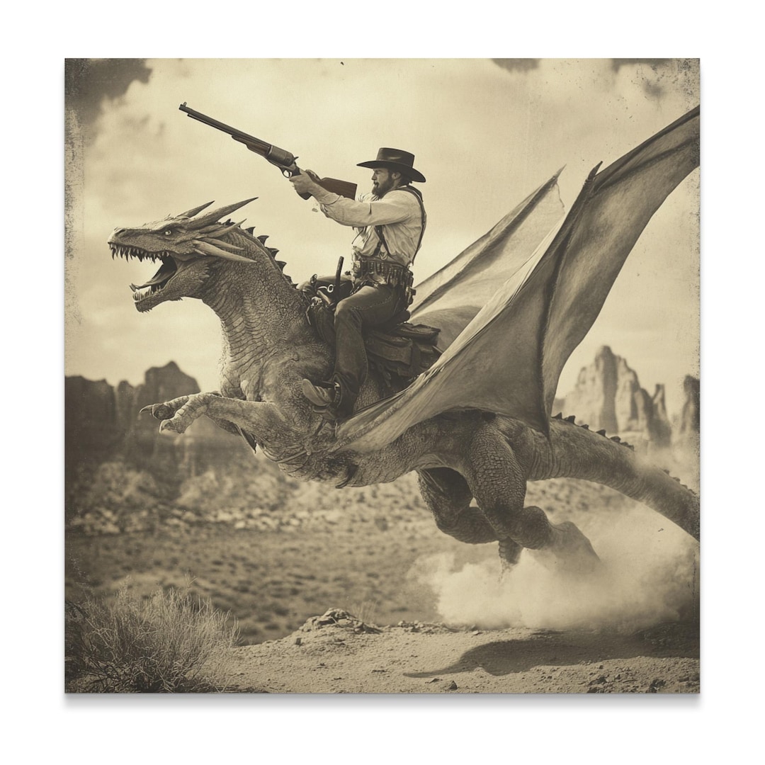 Wild West Cowboy on Dragon, Vintage Fantasy Wall Art, Steampunk Cowboy ...