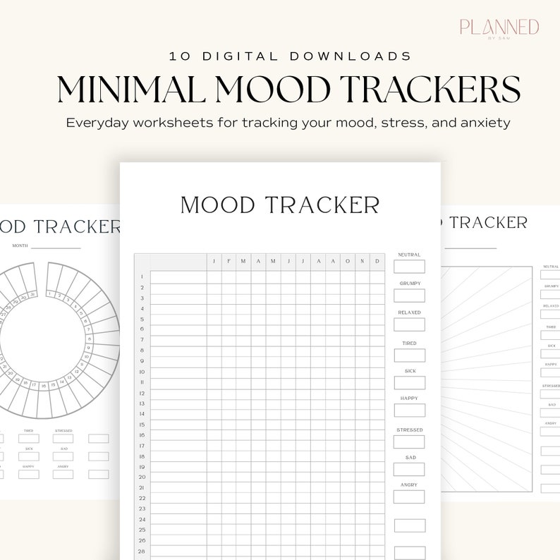 Minimalist Mood Tracker: Printable Stress & Anxiety Worksheets (digital ...