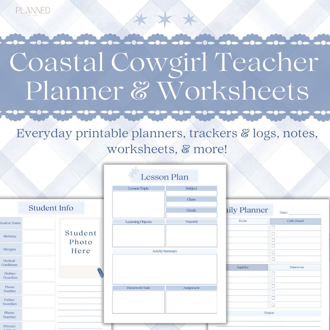 Coastal Cowgirl Style Teacher Planner & Worksheets: Minimal, Blue ...