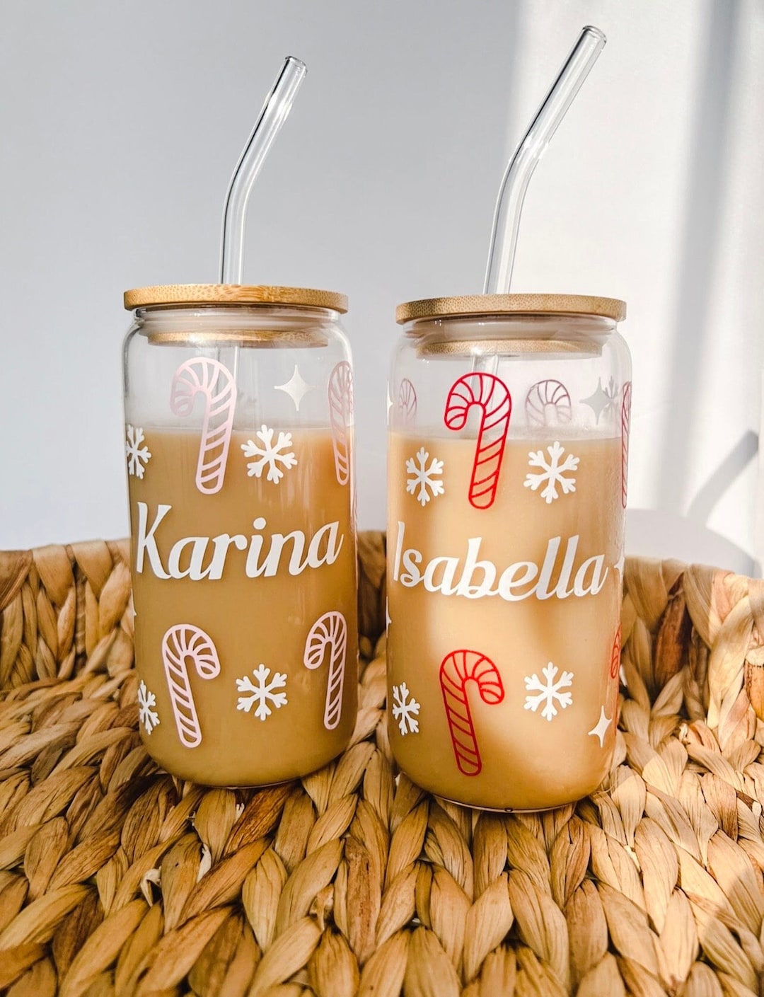 Personalized Candy Cane Beer Glass Can With Bamboo Lid and Glass Straw ...
