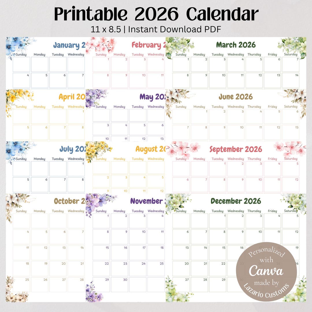 Druckbarer Blumenkalender 2026, Canva Sofortiger Download, 12 ...