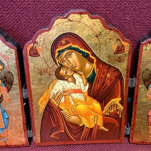 Triptych Icon Lithography on Wood, Greek Christian Orthodox Byzantine ...