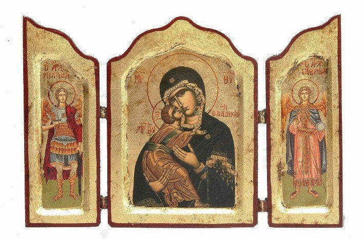 Triptych icon lithography on wood Greek Christian Orthodox | Etsy