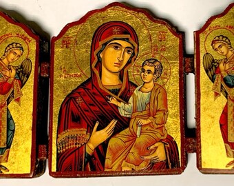 Triptych Icon Lithography on Wood Greek Christian Orthodox | Etsy