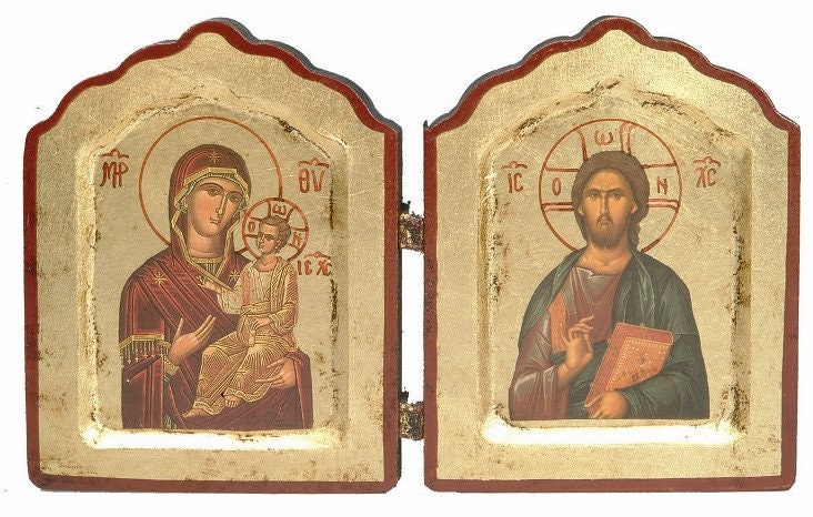 Diptych Icon Lithography on Wood, Greek Christian Orthodox Byzantine ...