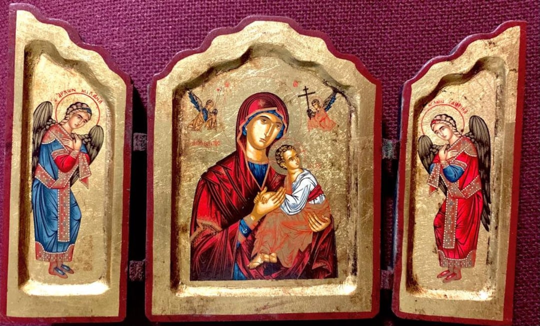 Triptych Icons With Serigraphy on Wood. Size 25.5x15.5 &33x21 Cm Handmade Greek Christian ...