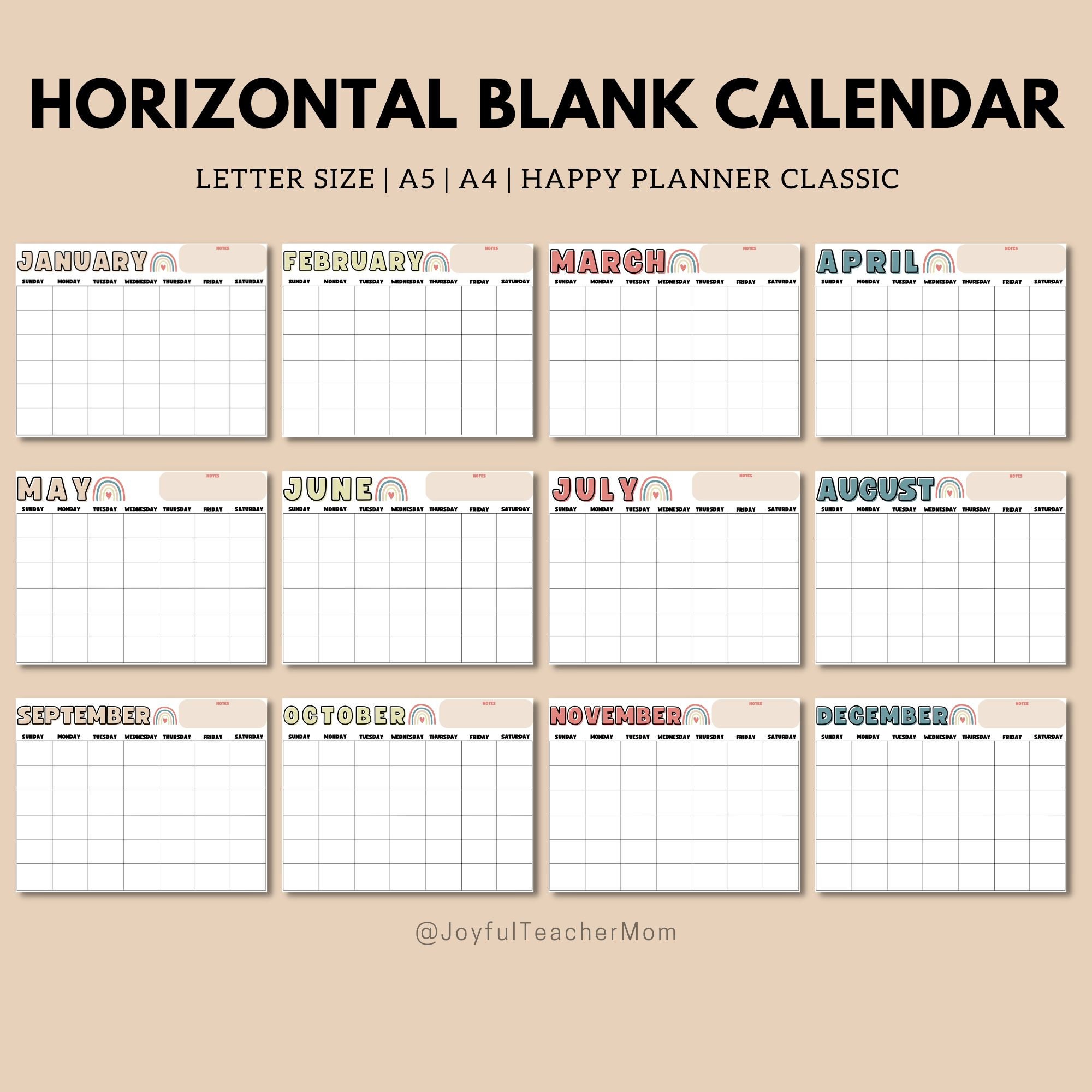 Boho Rainbow UNDATED Blank Monthly Calendar Printable - Etsy
