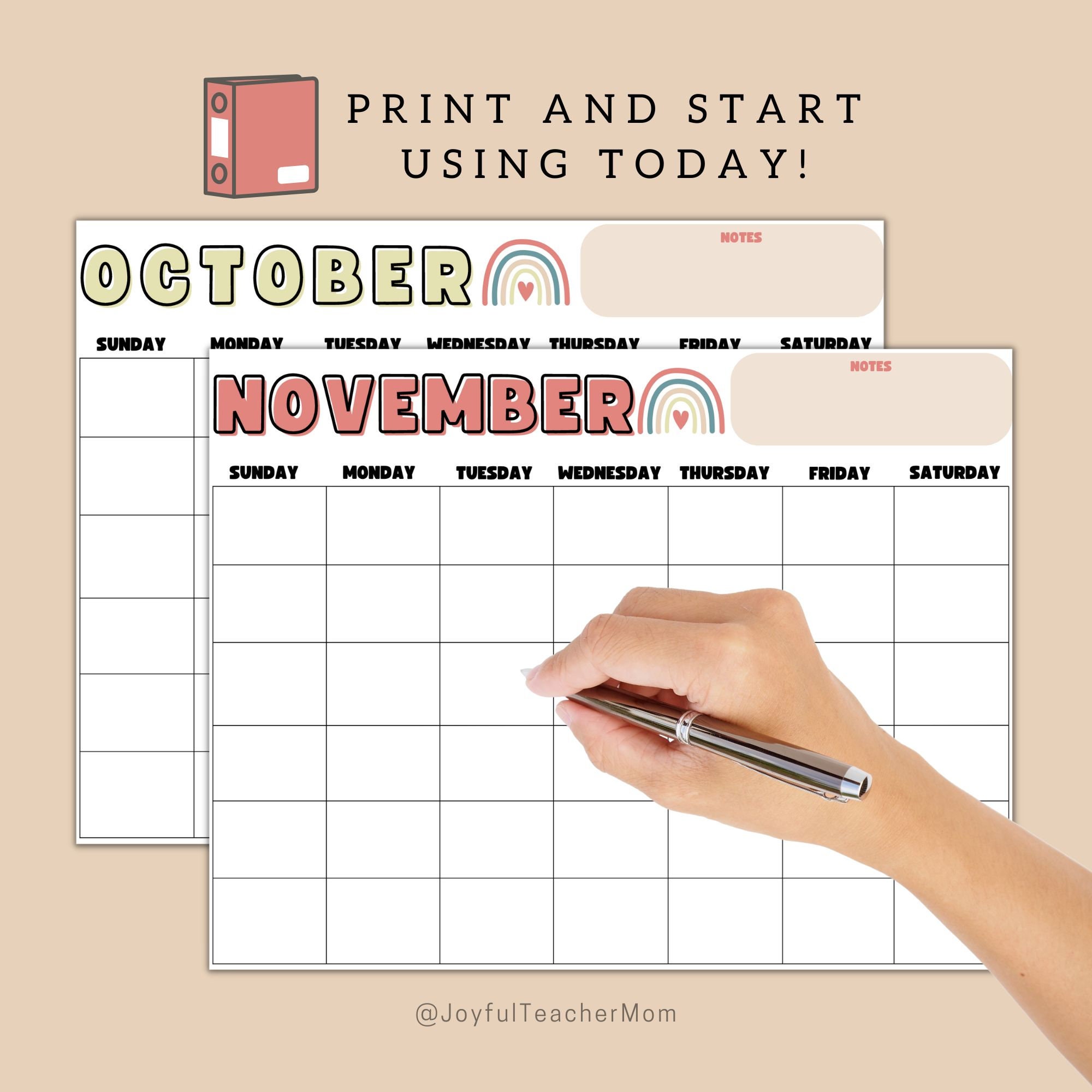 Boho Rainbow UNDATED Blank Monthly Calendar Printable - Etsy
