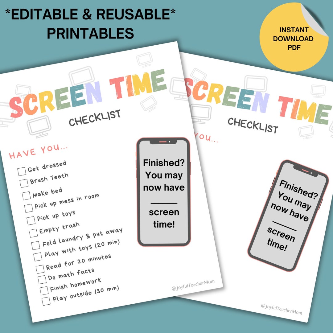 Screen Time Chart editable, Screen Time Printable, Chore Chart for Kids ...