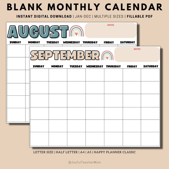 Boho Rainbow UNDATED Blank Monthly Calendar Printable - Etsy