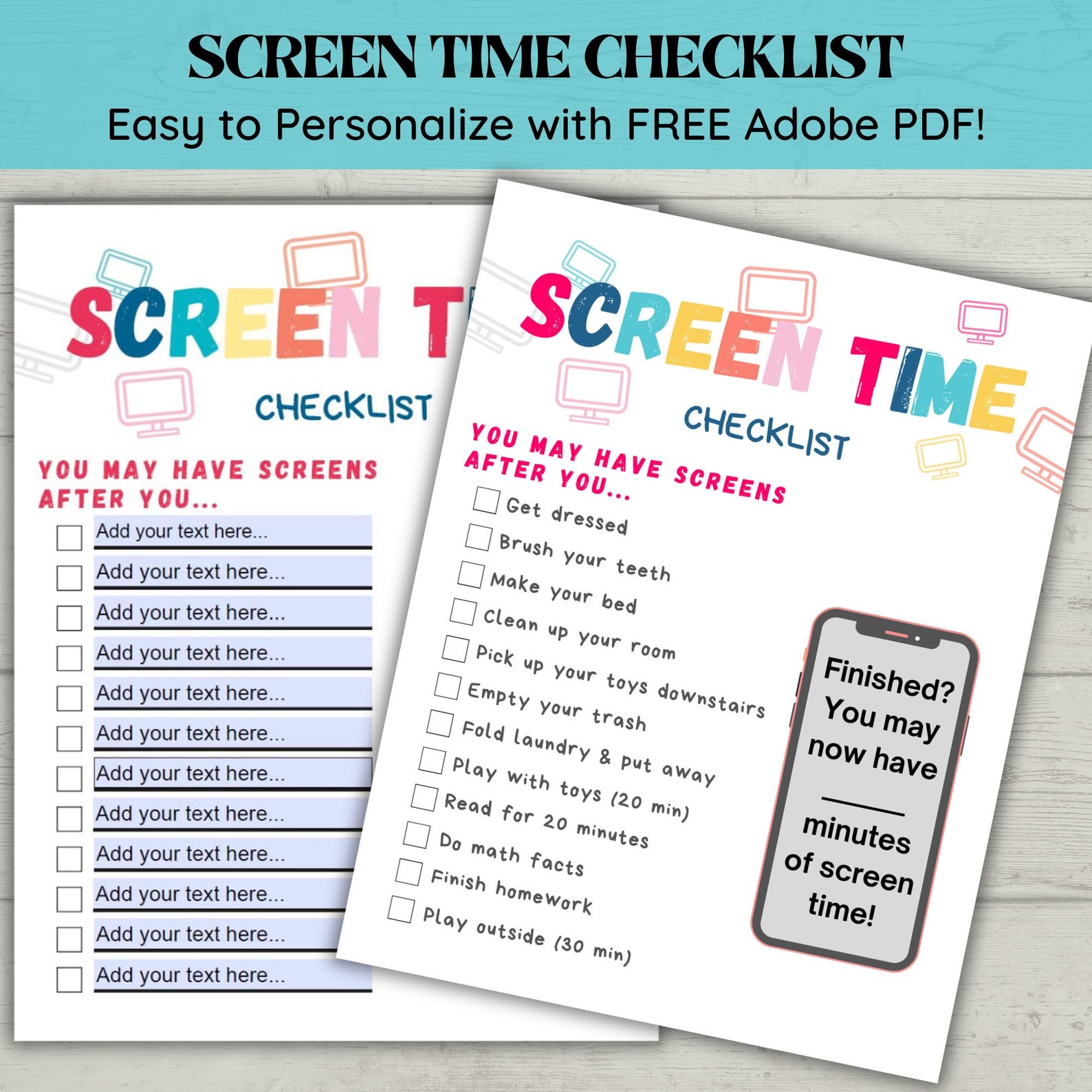 Screen Time Chart EDITABLE Screen Time Checklist Instant - Etsy
