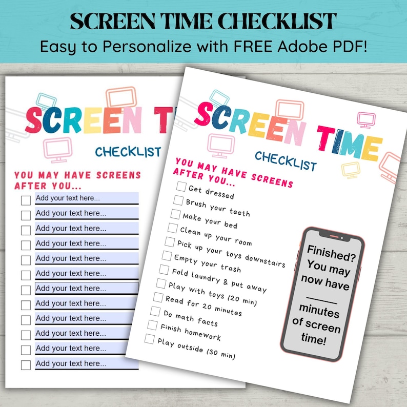 Screen Time Chart EDITABLE Screen Time Checklist Instant - Etsy