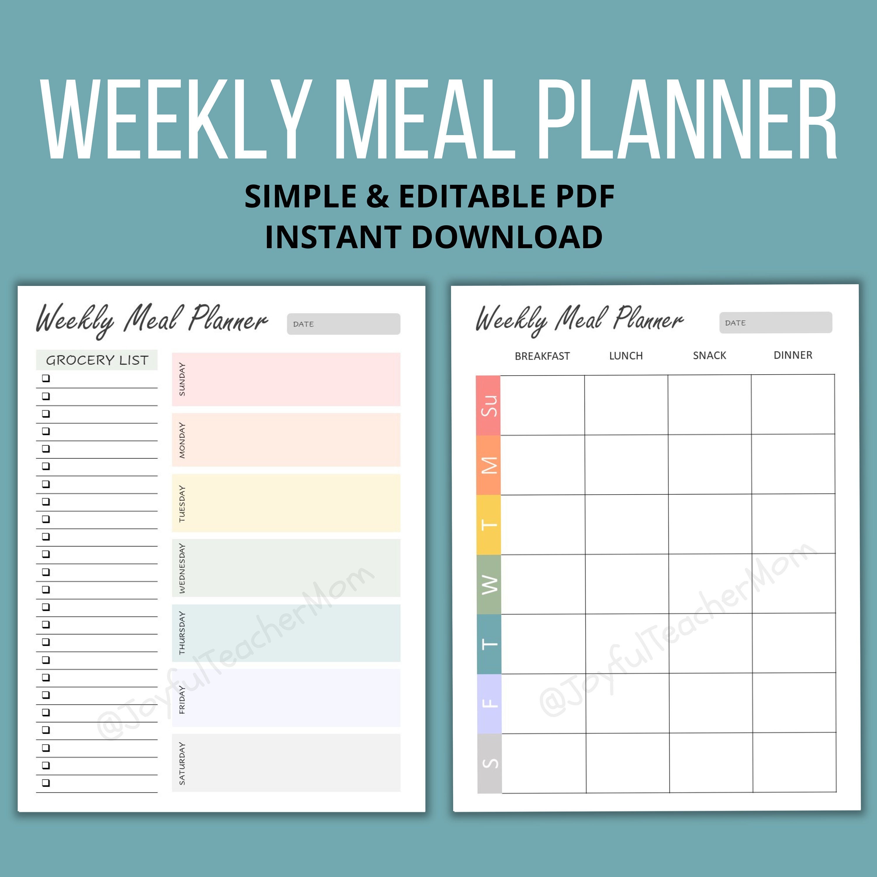 Weekly Meal Planner Printable EDITABLE Meal Plan Weekly Food - Etsy