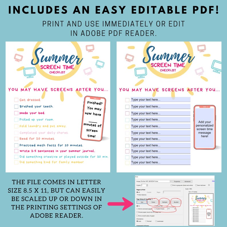 Screen Time Checklist Editable Screen Time Chore Chart Summer - Etsy